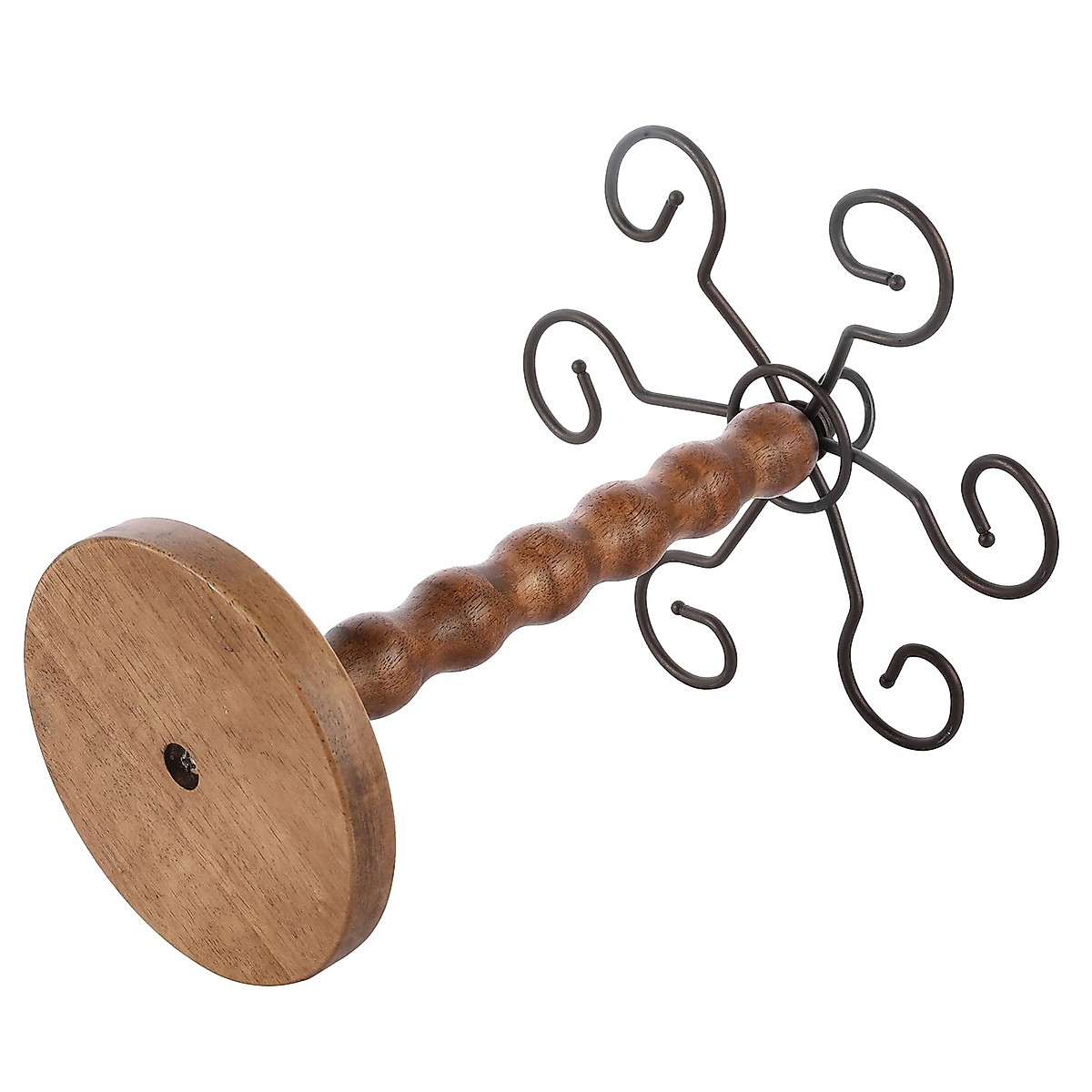 MyGift Brown Solid Wood and Antique Bronze Metal Tabletop Wine Glass Holder with Scrollwork Design, Free Standing Stemware Display Stand, Holds 6 Glasses