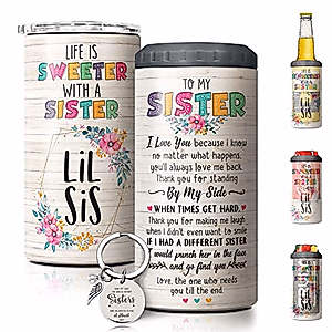 SANDJEST Sisters Gifts from Sister Tumblers - 4-in-1 Tumbler Can Cooler Cup - 12oz Stainless Steel Insulated Can Coozie Travel Mug Birthday, Christmas Lil Sissy Gift from Soul Sister, Brother, Bestie