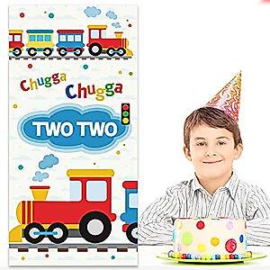 Steam Train Chugga Chugga Two Banner Backdrop Flag Favors Supplies Railroad Railway Crossing Vehicle Transportation Rhyming Story Theme Decor for 2 Year Old 2nd Birthday Party Baby Shower Decorations
