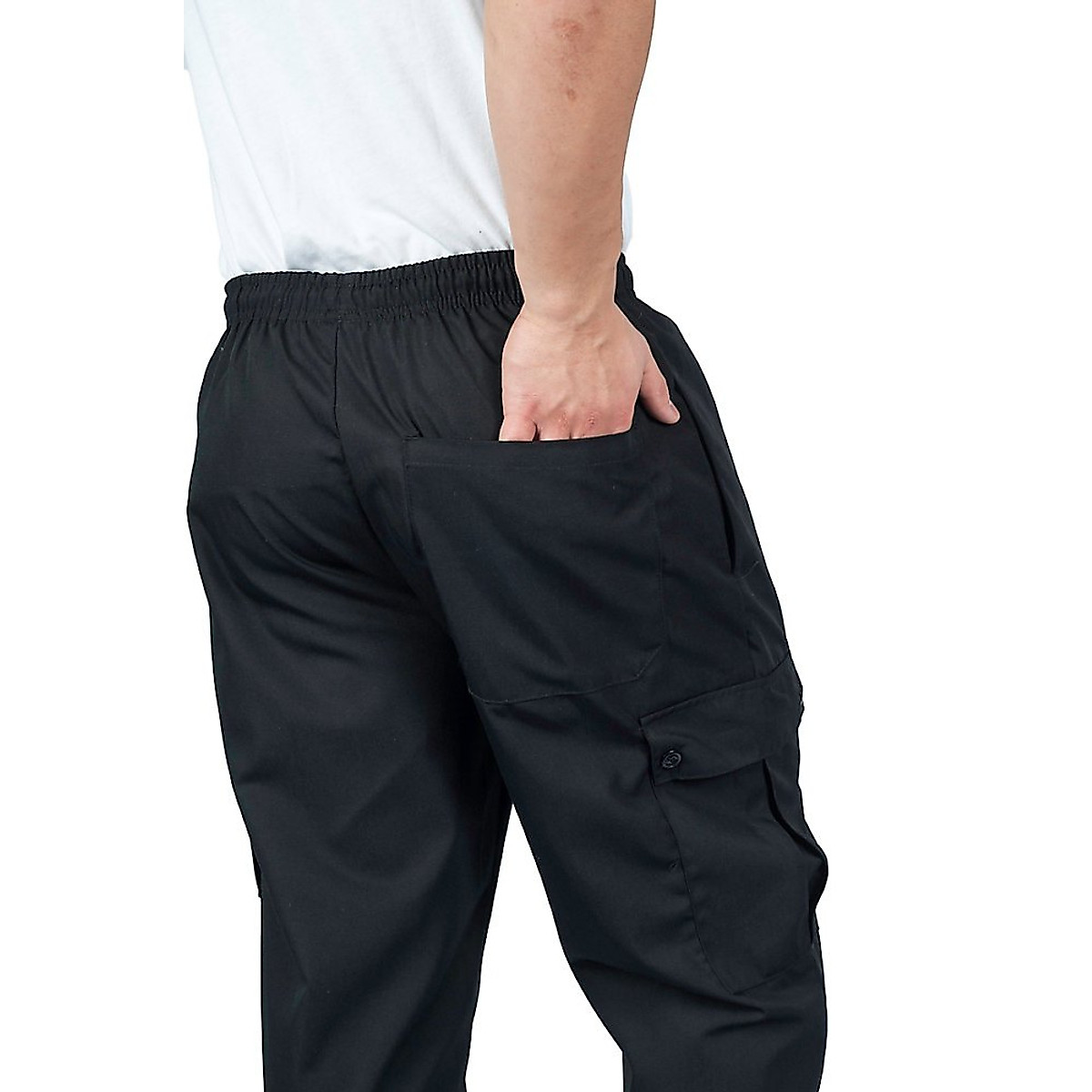 KNG Black Baggy Cargo Chef Pants for Men and Women – Drawstring Waist L