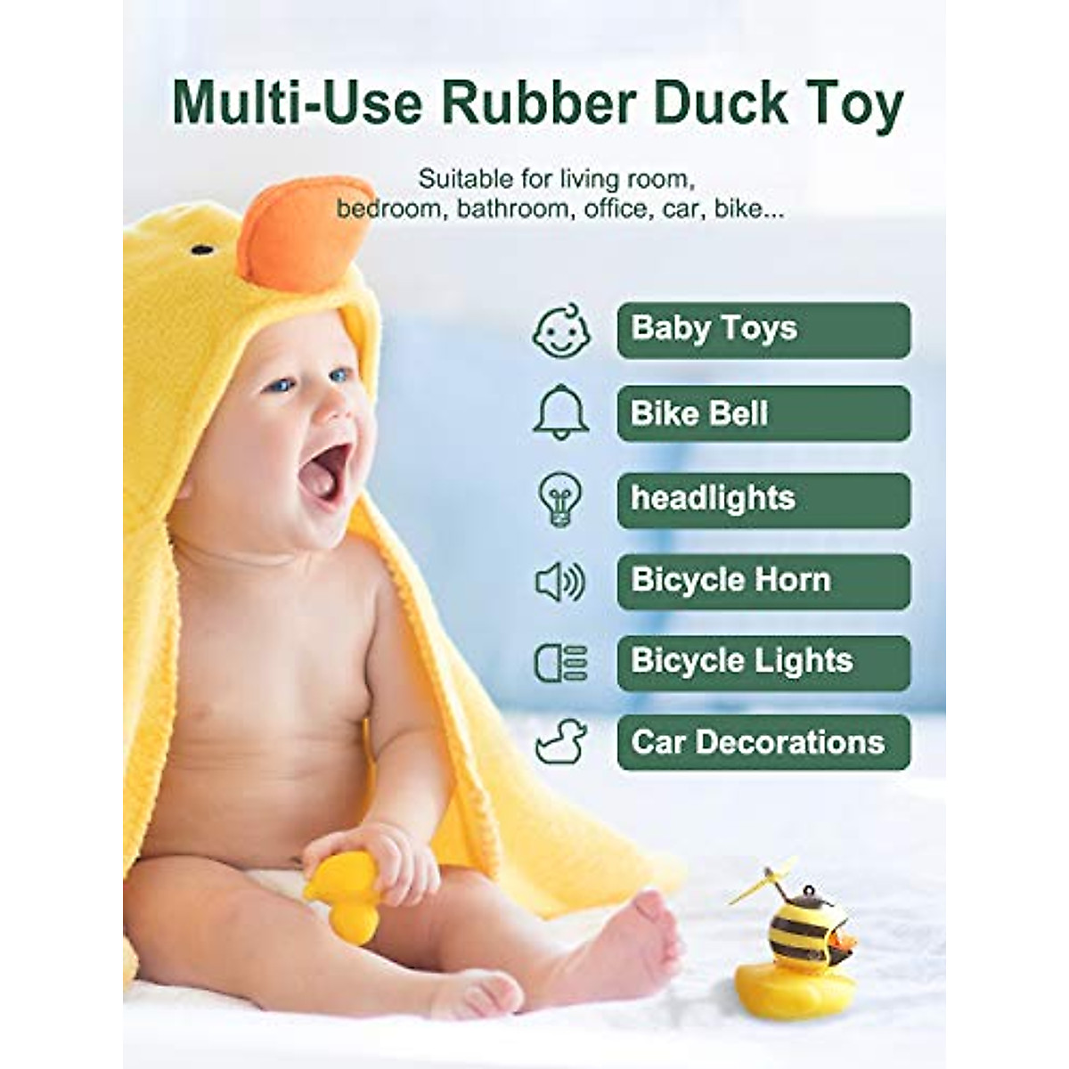 Duck Toy Car Decorations, Rubber Duck Car Ornaments for Dashboard, Yellow Duck Bike Bell with Propeller Helmet & Horn Light for Kids, Adults, Men, Women (Bee)