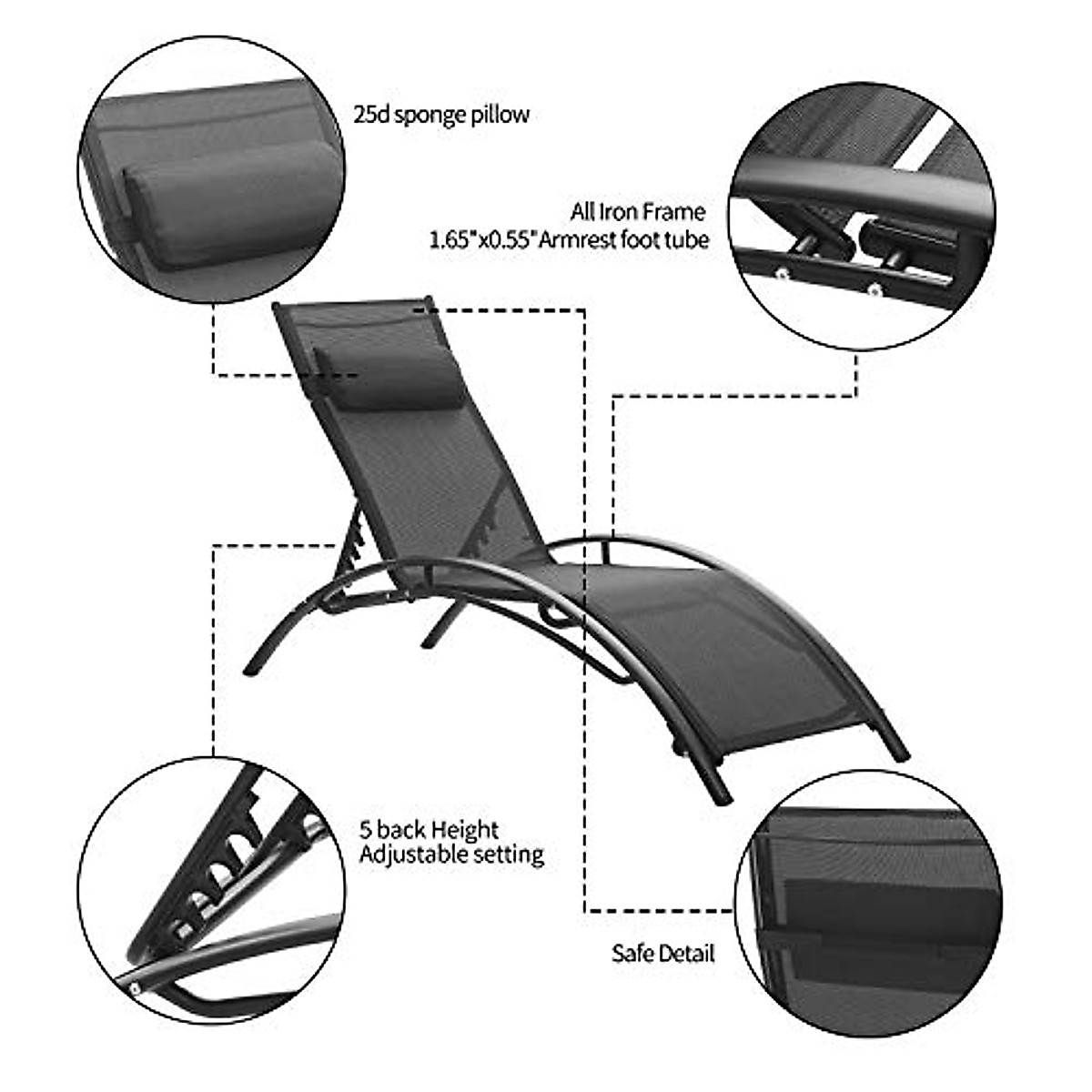 Patio Lounge Chairs Outdoor Pool Chaise Lounges Adjustable for All Weather for Beach Backyard（2-Pack Black