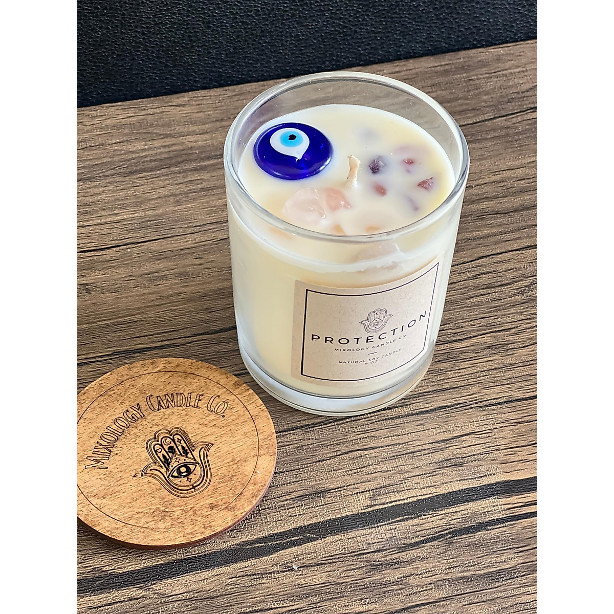 Evil Eye Protection Candle, Pink Quartz, Amethyst Infused, Lavender and Chamomile Scent, 10 oz Glass Jar with Hamsa Hand Positive Energy Beeswax and Soy Wax