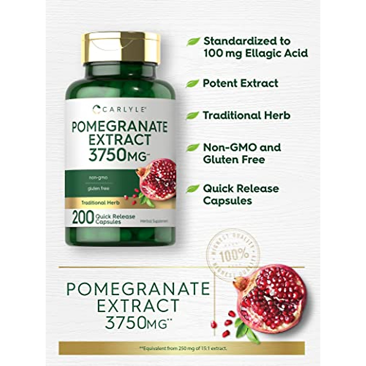 Carlyle Pomegranate Extract Supplement | 200 Capsules | Non-GMO, Gluten Free | Traditional Herb