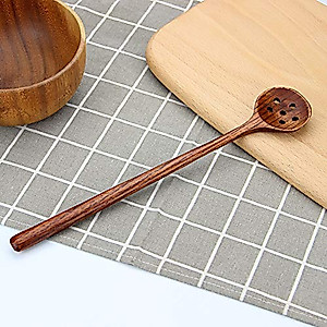 1 PC Korean Style 10.9" Long Handle Wooden Round Slotted Spoons for Jam Olive