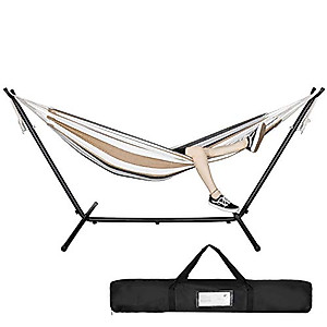 SUPER DEAL Portable Hammock with 9FT Space Saving Steel Stand, Double Brazilian Heavy Duty 620lb Capacity 2-Person Hammock with Carrying Case, 6 Optional Hook Positions for Camping Garden Yard Patio