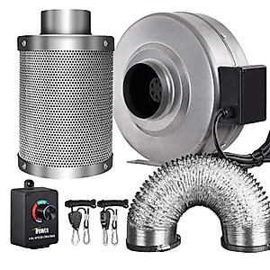 iPower GLFANXINL4FILT4MD8CTR 4 Inch 190 CFM Inline Fan Carbon Filter 8 Feet Ducting Combo with Variable Speed Controller and Rope Hanger for Grow Tent Ventilation, 4" Fan & Filter, Grey
