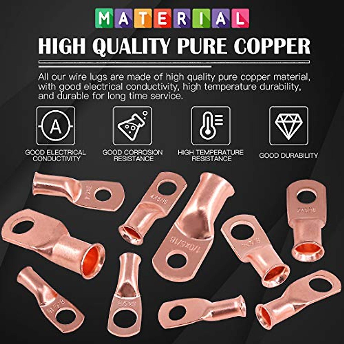 Glarks 10Pcs 8x3/8'' Copper Wire Lugs UL Listed Battery Cable Closed Ends Bare Copper Eyelets Tubular Ring Terminal Connectors