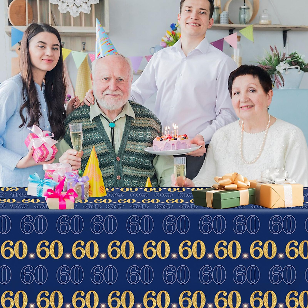 Lenyunge 60th Birthday Tablecloth Decoration,3pcs Gold and Blue Birthday Table Covers Plastic Waterproof Happy Birthday Party Supplies for Men Women 60th Birthday Party Supplies
