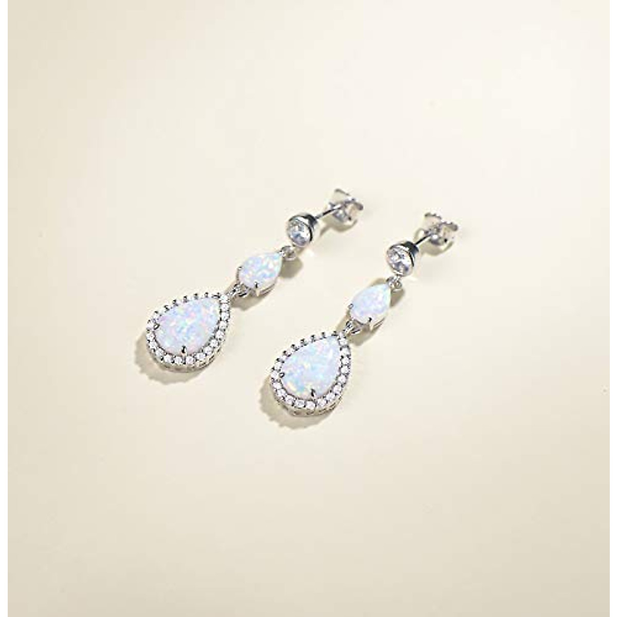 FANCIME October Birthstone Earrings Created Opal Dangle Earrings Sterling Silver 2 Stones White Fire Opal Halo Cubic Zirconia Long Teardrop Earrings for Women