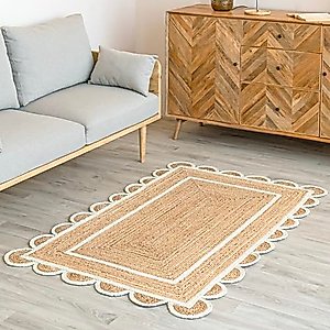 Weaving Village Scalloped Natural Jute Area Rug, Natural Base Off White Trim, 3x5