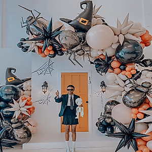 Halloween Balloon Garland Arch Kit with Spider Witch Hat Shaped Black and Milk White Exploding Star Foil Balloon Black Orange Sand White Balloons for Halloween Birthday Party Decorations