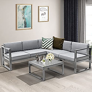 Tangkula 4 Pieces Aluminum Patio Furniture Set, Patiojoy All Weather Heavy Duty Cushioned Outdoor L Shaped Sofa Set for Poolside, Backyard, Deck, and Garden (Grey)