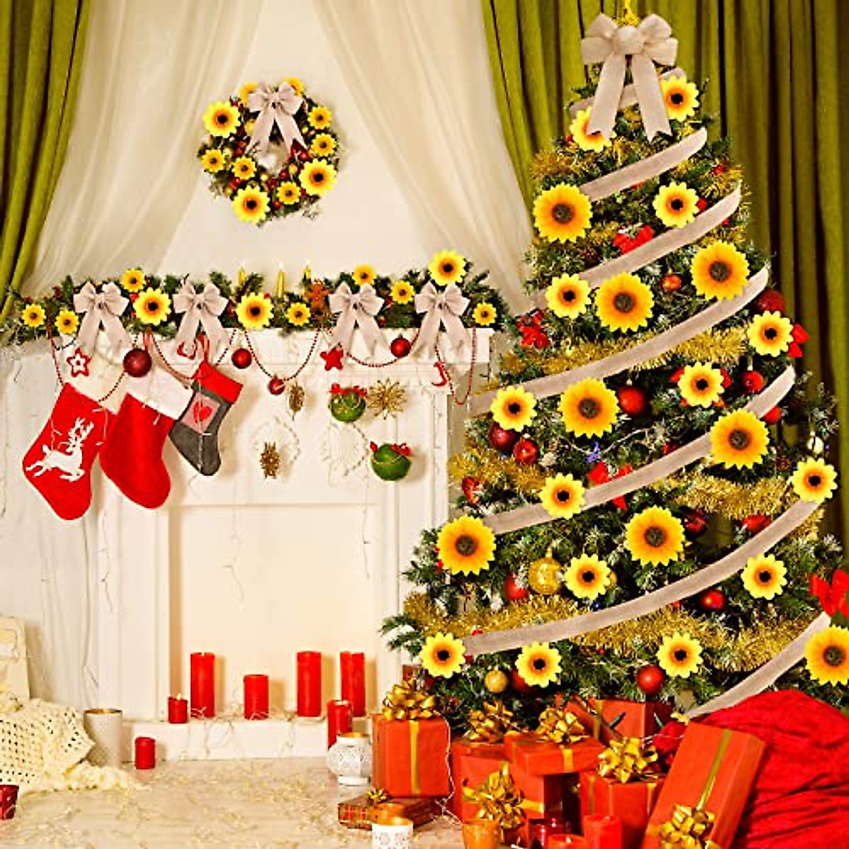 Sunflower Tree Decoration Kit 62 Pcs Sunflower Decor with 2 Pcs Buffalo Plaid and Burlap Ribbon for Christmas Tree Party Indoor Fireplace Home Decorations