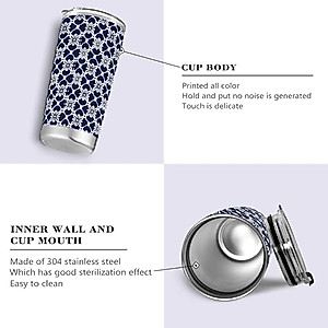 sanluoli Unique Design Dark Blue Flowers Stainless Steel bottle with straw with Straw Leak Resistant Flip coffee travel mug for outdoor simply insulated coffee tumbler 20 OZ