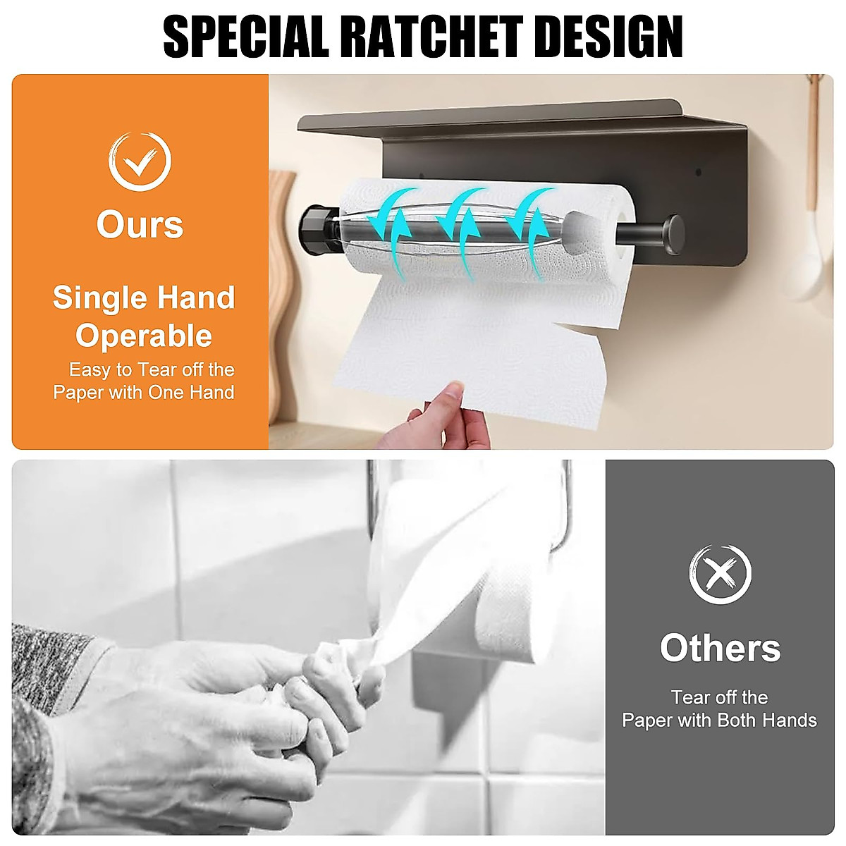 WEST TUNE Paper Towel Holder Wall Mount with Shelf - Paper Towel Holder with Damping Effect,Adhesive or Drilled for Bathroom/Garage/Kitchen(Stainless Steel, Matte Black)