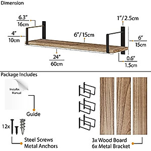 Wallniture Toledo Wood Floating Shelves for Wall Storage, Floating Bookshelf Set of 3, 24"x6" Rustic Wall Shelves for Living Room, Bedroom, Kitchen, Bathroom Storage, Burned Finish