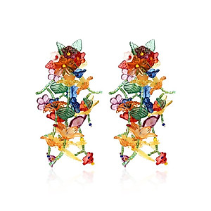 Plant Flower Earrings for Women, Colorful Flower Tassel Earrings,Rainbow Flower Floral Statement Dangle Earrings Hypoallergenic, Beaded Flower Leaf Cluster Drop Earrings
