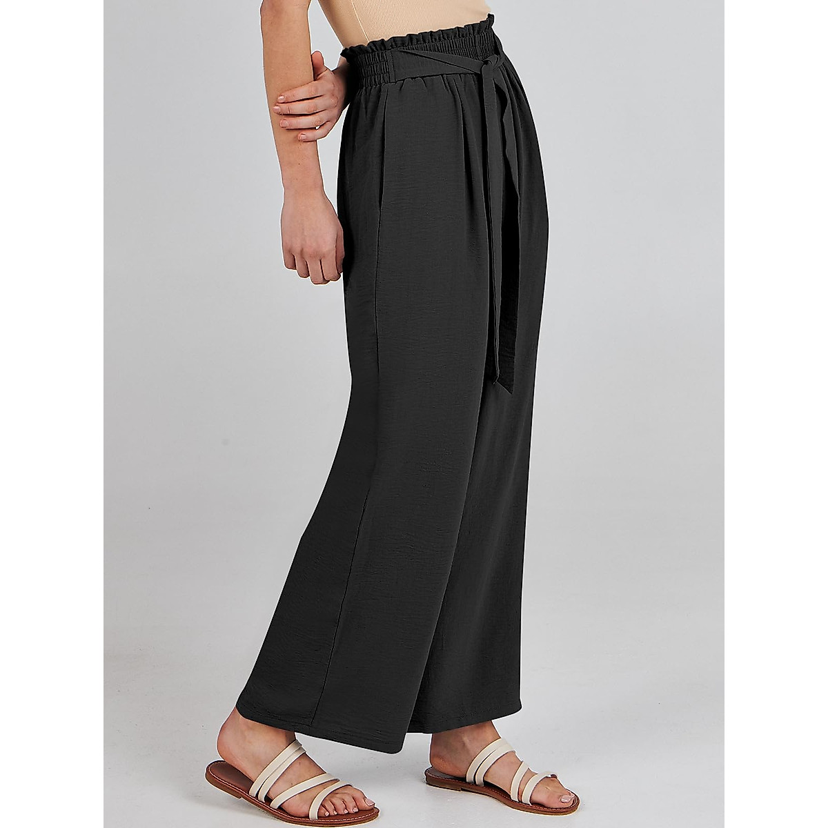 ANRABESS Women's Wide Leg Palazzo Pants with Pockets High Waisted Tie Knot Business Casual Trendy Boho Lounge Trousers Black Small