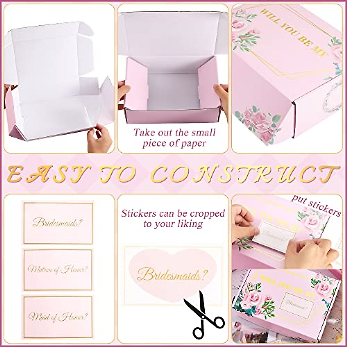 10 Pieces Bridesmaid Proposal Boxes with Crinkle Paper, Includes 8 for Bridesmaids, 1 for Maid of Honor, and 1 for Matron of Honor Stickers Bridesmaid Gift Boxes for Bridesmaid Gifts Bridal Parties