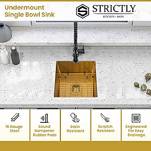 Strictly Sinks Undermount Bar Prep Sink – 18 Inch 16 Gauge Embossed Leather Texture Gold Wet Bar Prep Kitchen Sink with Bottom Grid and 1 Square Strainer Drain