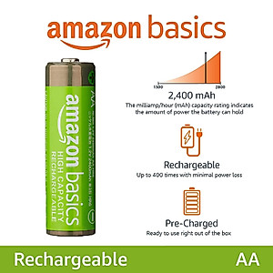 Amazon Basics 12-Pack AAA Rechargeable Batteries, 800 mAh, Pre-Charged & AA High-Capacity Ni-MH Rechargeable Batteries (2400 mAh), Pre-Charged - Pack of 8
