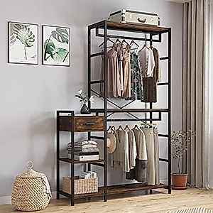 HAGAZU Standing Closet Clothing Rack, Open Wardrobe,Metal Closet Organizer System with Shelves and Hooks for Bedroom, Laundry, Walk-in Closet