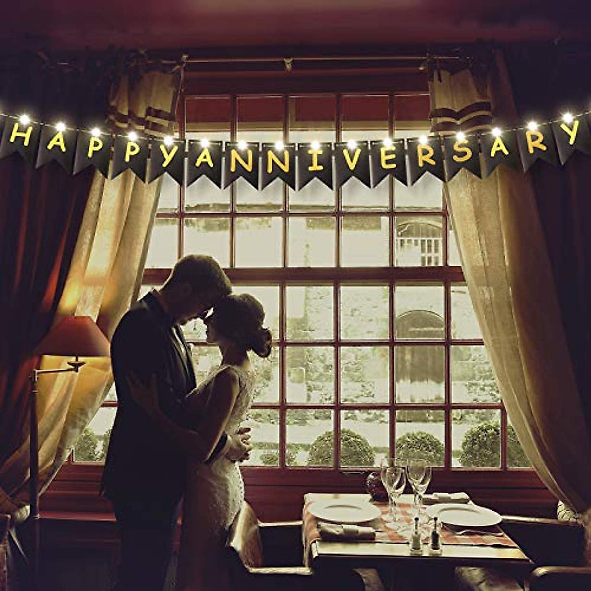 Happy Anniversary Banner Gold Foiled Sign Banner with LED Fairy String Light 8 Flicker Mode, Anniversary Party Decoration Photo Props for Anniversary Wedding Party Ceremony Decoration (Black)