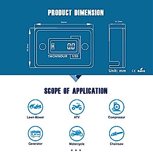 Runleader Digital Mini Tach Hour Meter,TOT Hours Accumulate,Real-time RPM Display,Battery Operation for ZTR Lawn Mower Tractor Generator Outboard ATV Chainsaw Marine Snowblower. (Orange)