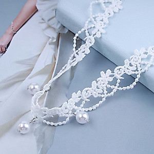 YienDoo Vintage Lace Choker Necklace White Gothic Lace Pattern Necklace Punk Tassel White Pearl Beaded Pendant Choker Princess Bridal Lace Lolita Statement Necklace Jewelry for Women Girls