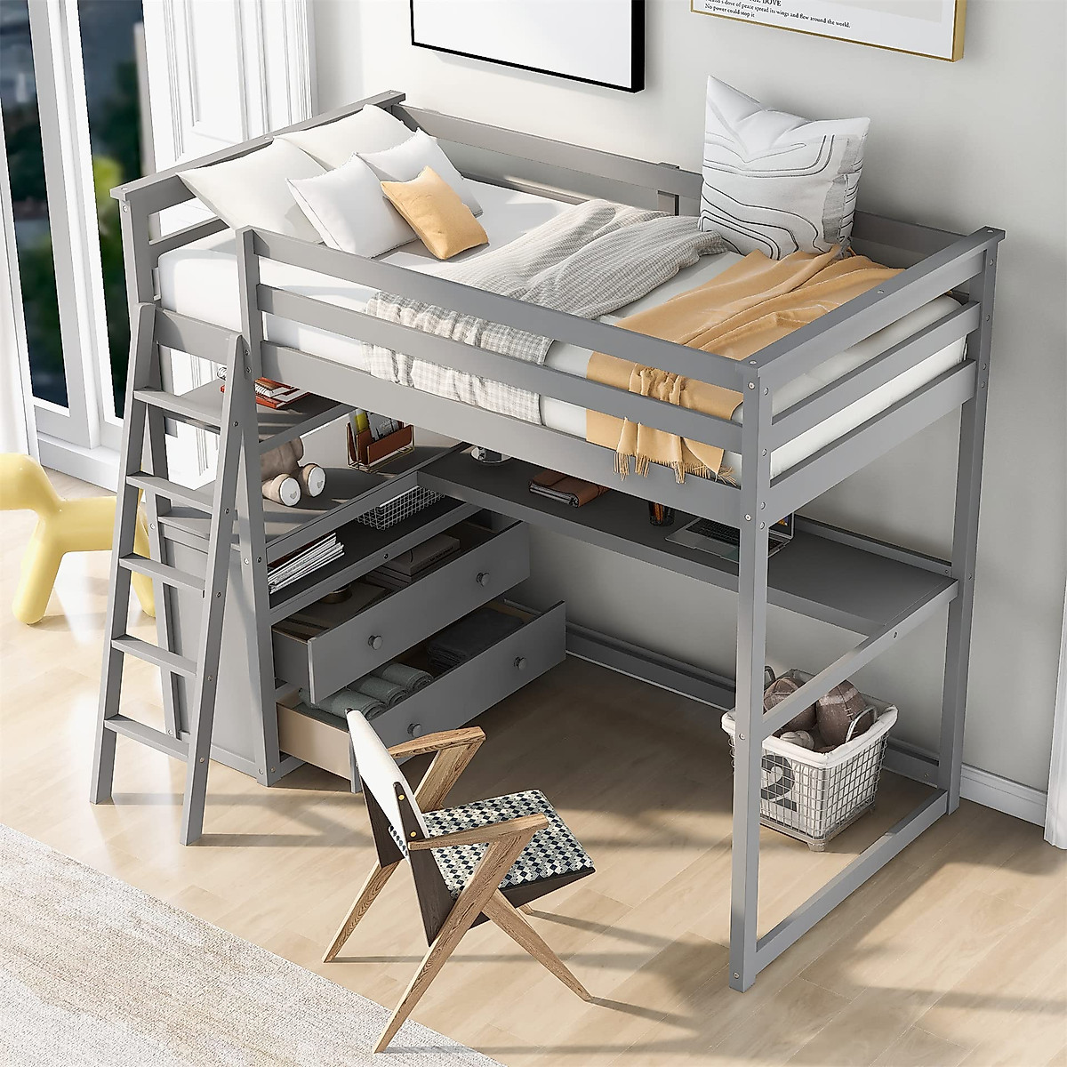 Twin Size Loft Bed with Desk and Drawers, Wood Twin Loft Bed with Storage Shelves, Angled Ladder and Wood Slat Support, High Loft Bed for Kids, Teens, Adults Boys & Girls, Gray