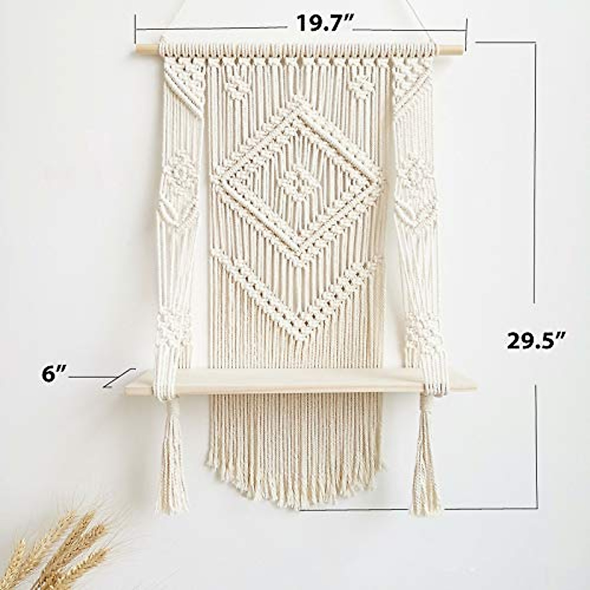 Qmercan Macrame Wall Hanging Shelf - Boho Indoor Hanging Shelves for Wall - Decorative Bohemian Floating Plants Organizer, Handmade Macrame Wooden Rope Woven Shelf for Indoor