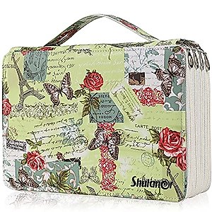 Shulaner 200 Slots Colored Pencil Case with Zipper Closure Large Capacity Butterflies and Rose Pattern Pencils Bag Waterproof Leather Pen Organizer Storage Holder for Artist