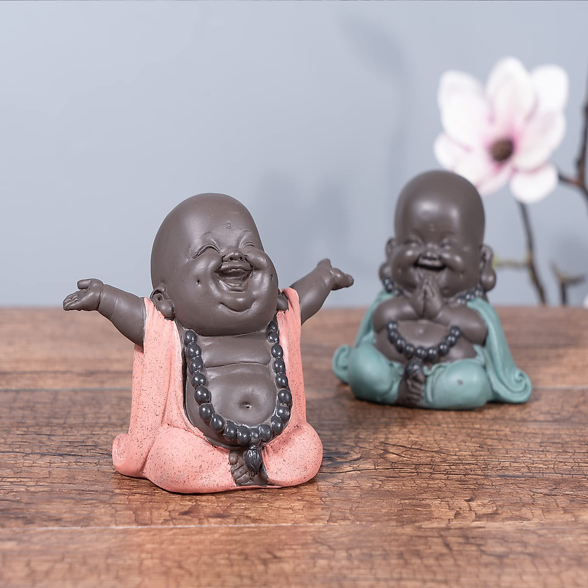 WGFKVAS 2 Pcs Buddha Statue, Laughing Buddha Smiling Little Buddha Ceramic Buda Statue Little Monk Figurine Cute Baby Buddha for Home Office Car Decors Gift Crafts and Arts