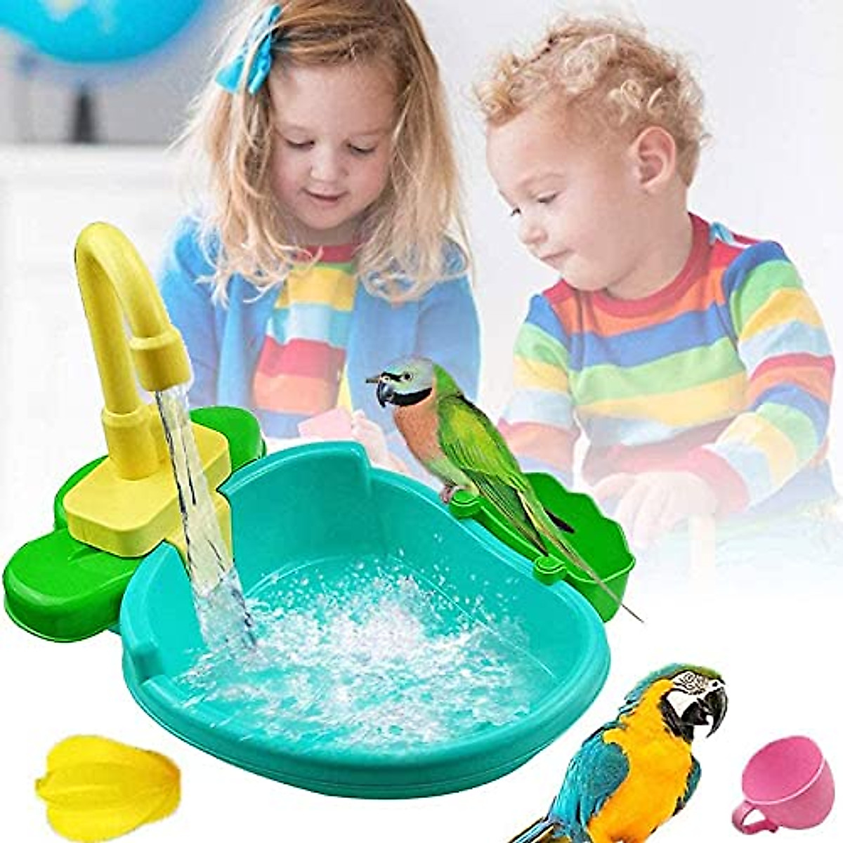 Pet Bath Tub for Bird Parrot,Parrot Automatic Bathtub with Faucet Bird Shower Bathing Tub Bird Feeder Bowl,Birdbath Bowl with Fountain Pump Bird Automatic Bathtub Swimming Pool Toy