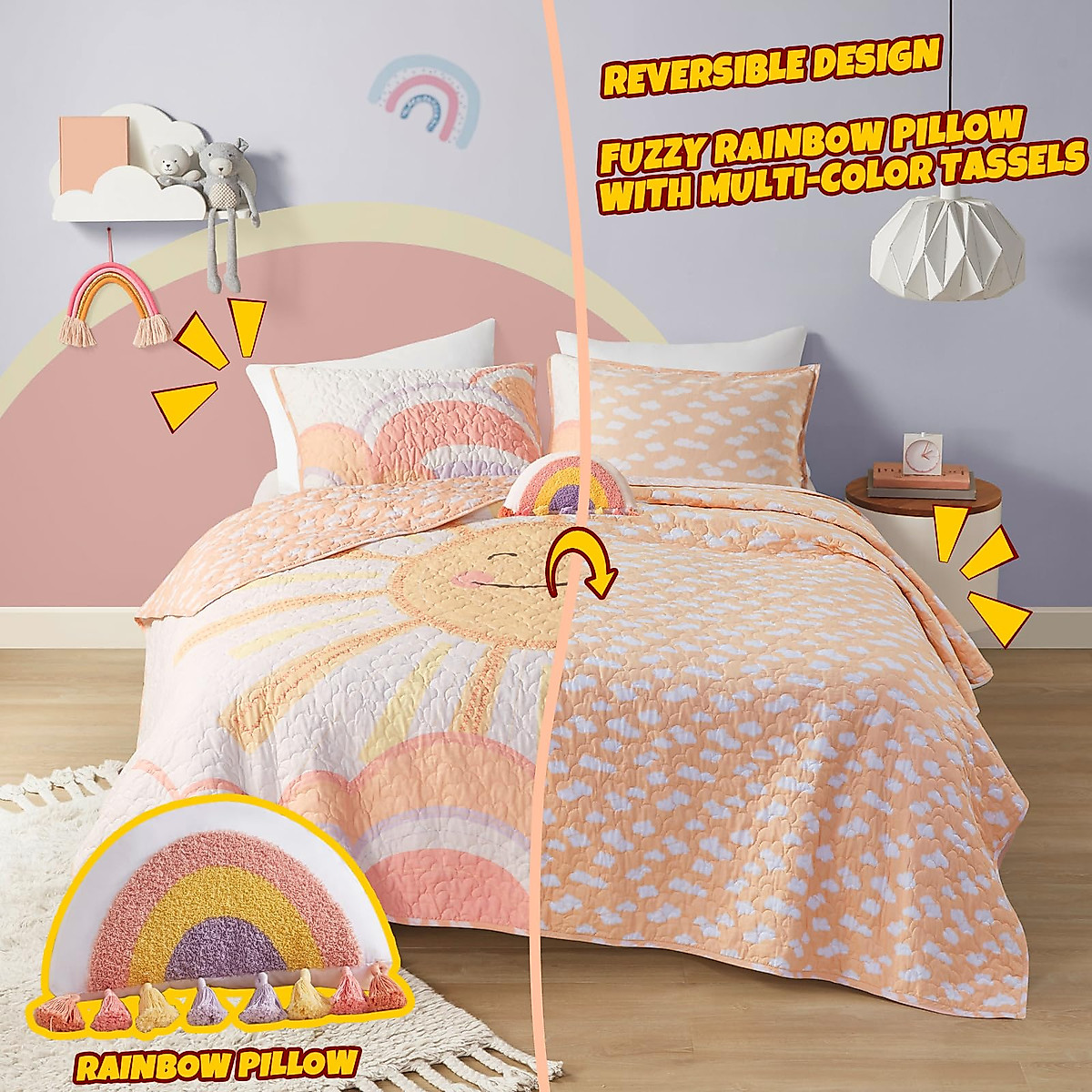 Urban Habitat Kids Twin Quilt Bedding Set Twin Coverlet Cotton Coverlet Sun Girls Twin Bedding Set Rainbow & Clouds Reversible Dawn Light & Breathable Sham Throw Pillow Twin Yellow/Coral 3 Piece