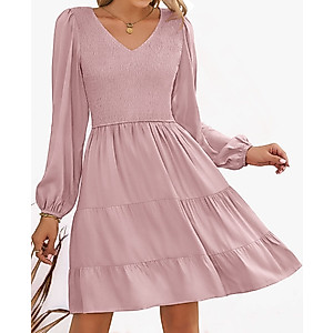 ZESICA Women's Casual V Neck Long Sleeve Smocked High Waist Ruffle A Line Tiered Mini Dress,DarkPink,Medium