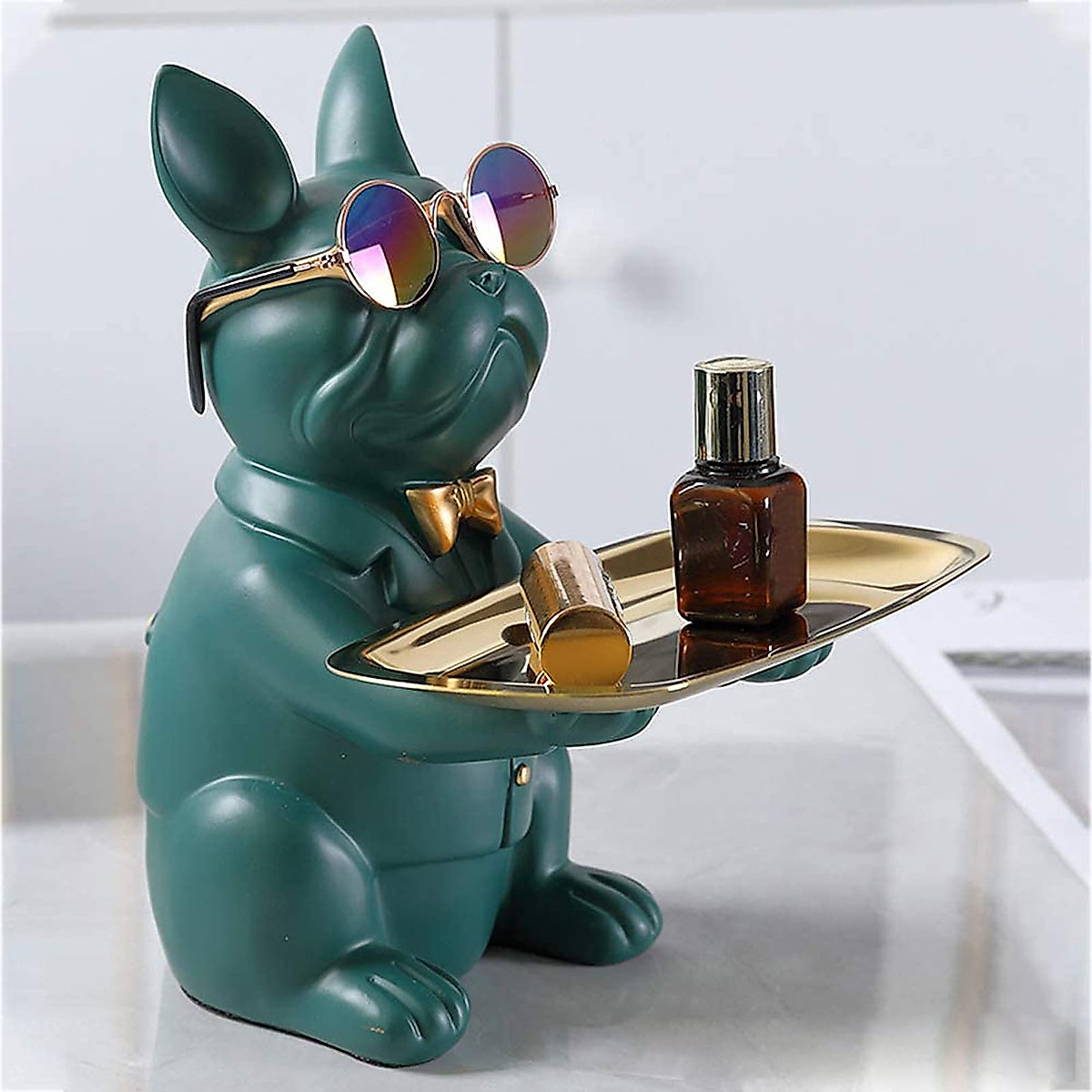 YAYONG French Bulldog Statue Home Decor Storage Tray Coin Bank Entrance Key Snack Holder Art Dog Statue, Home Garden Bar Decor Desktop Ornament, Length 17CM Width 8.5CM