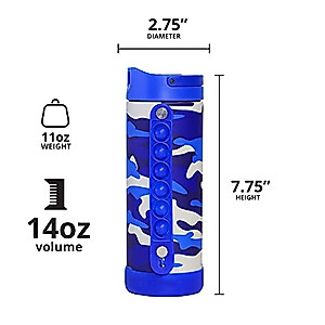 Elemental Iconic Pop Kids Water Bottle for School Girls and Boys | Triple Insulated Stainless Steel Thermos with Straw Lid & Fidget Handle | Flask Water Bottle | BPA free Tumbler, 14oz - Blue Camo