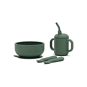 Lalo First Bites Silicone Baby Feeding Set - Baby Led Weaning Supplies - Non-Toxic Silicone - Includes 2 Spoons, Training Cup, & Suction Bowl - 4 Pieces - Olive