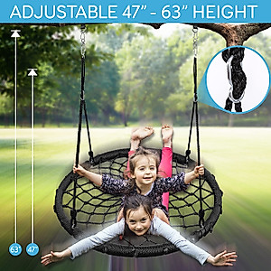 SereneLife Spider Web Tree Swing with Hang Kit and Center Spinner 40” 600 lbs Kids Outdoor Backyard Tree Playhouse Playground Saucer Swing Set Accessories Platform Glider Mat Swinging Swingset,Black