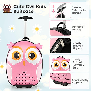 Goplus 2PC Kids Carry On Luggage Set, 16" Rolling Suitcase & 12" Backpack, Airline Approved Travel Trolley Luggage with Wheels for Toddlers Children Girls Boys (Owl)