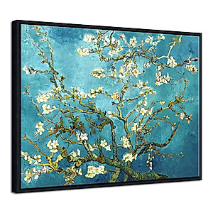 Pyradecor Black Framed Large Almond Blossom Famous Oil Paintings Reproduction Canvas Prints by Van Gogh Floral Pictures on Canvas Wall Art for Home Office Decorations