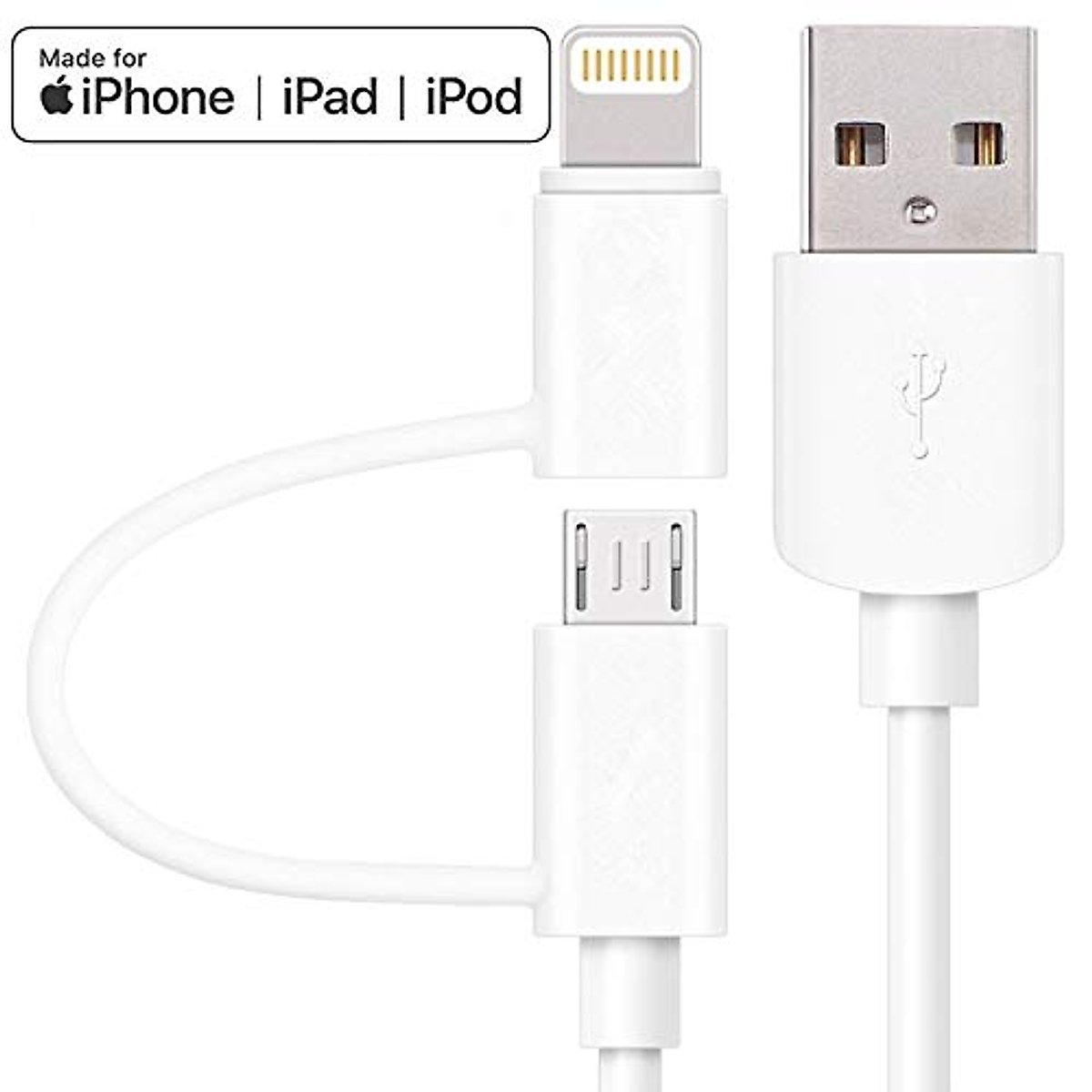 Apple MFi Certified 2 in 1 iPhone Charger Lightning Cable and Micro USB to USB Charger Cord, Compatible iPhone X, 8, 8 Plus,7 Plus, Android Data Cable 2 in 1 White(6FT)