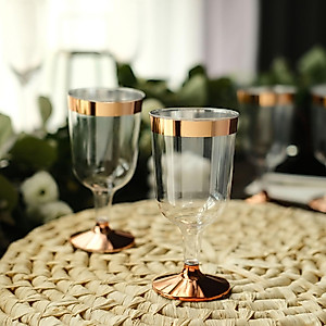 Efavormart 12 Pack 6.5 oz Plastic Wine Glasses Disposable 2-Piece Rose Gold Rimmed Design With Detachable Base
