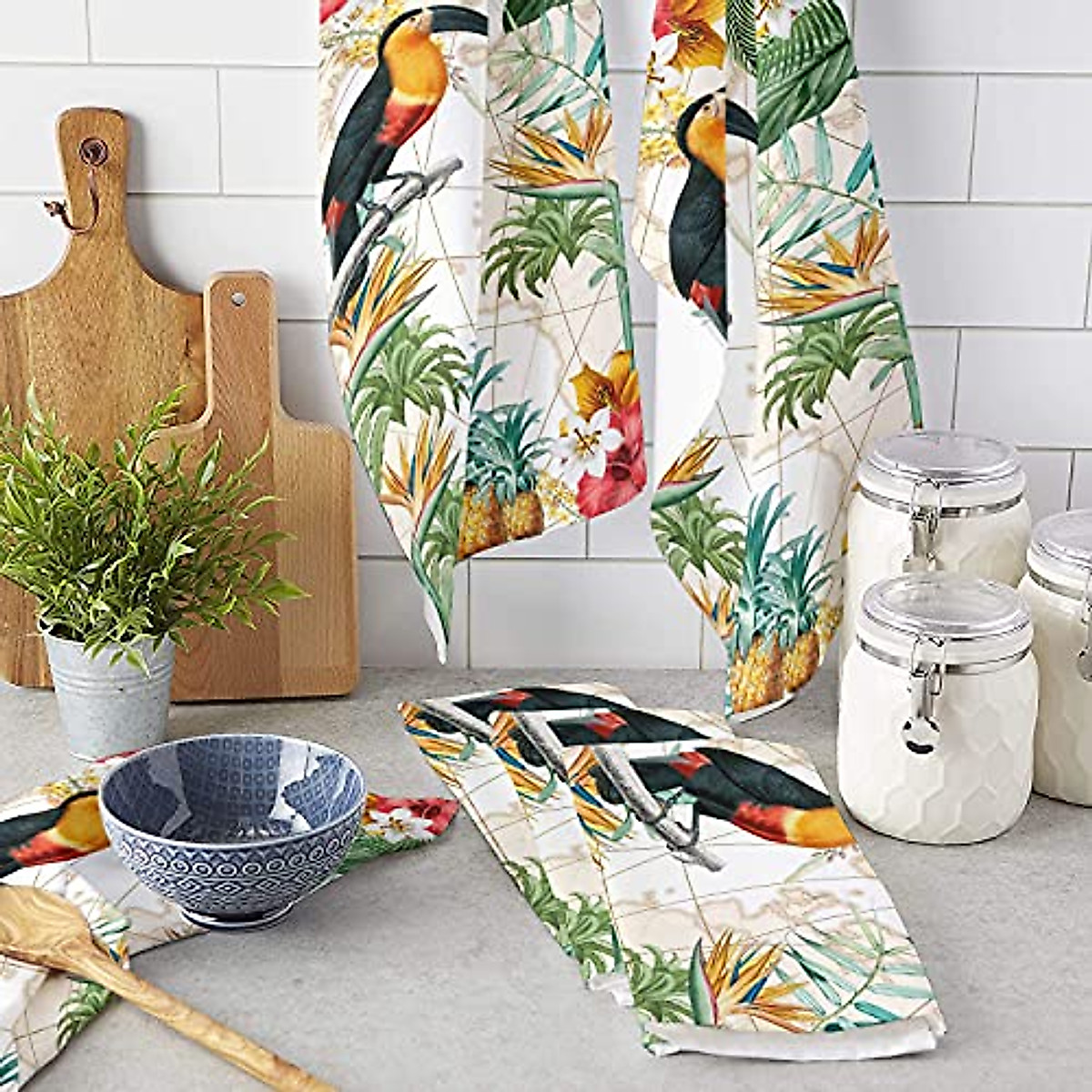 Segard Kitchen Towels Dish Towel Set of 4,Tropical Bird Pineapple Botanical Animals Absorbent Hand Towels Cleaning Dishcloth Tea Towels,Spring Flower Plants Reusable Drying Dish Cloths