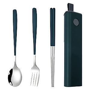 Muka Set of 3 Portable Flatware Set w/Fork Sproon Chopsticks Utensils Stainless Steel w/Cellphone Holder-Dark Green