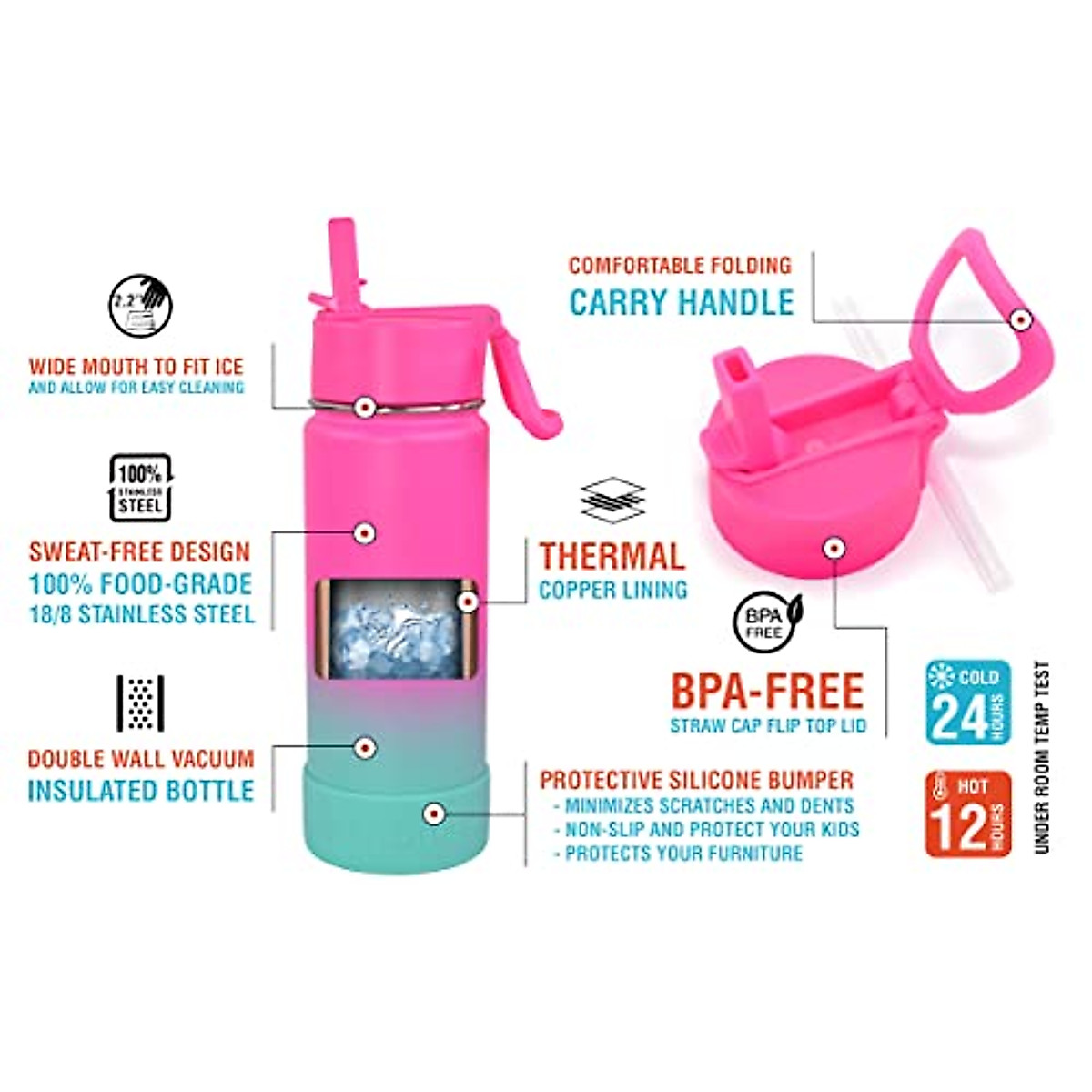 CHILLOUT LIFE 22 oz Kids Insulated Water Bottle for School with Straw Lid Leakproof and Cute Waterproof Stickers, Personalized Stainless Steel Thermos Flask Metal Water Bottle, Frozen Slushy