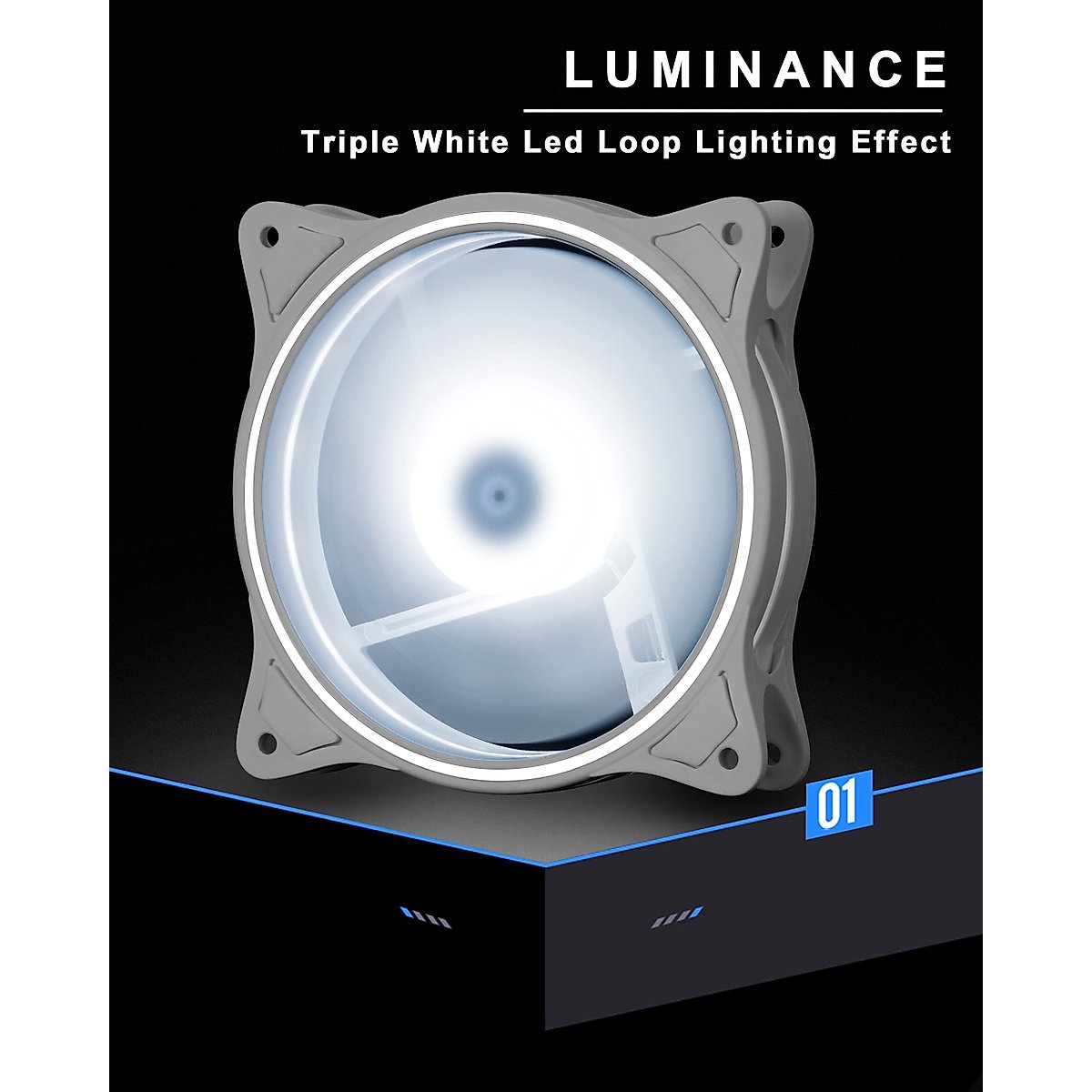 120mm Computer PC Cooling Fan White LED Game Case Cooler Fan Quiet 12V Computer PC Fan with Triple Light Loop 3-Pack