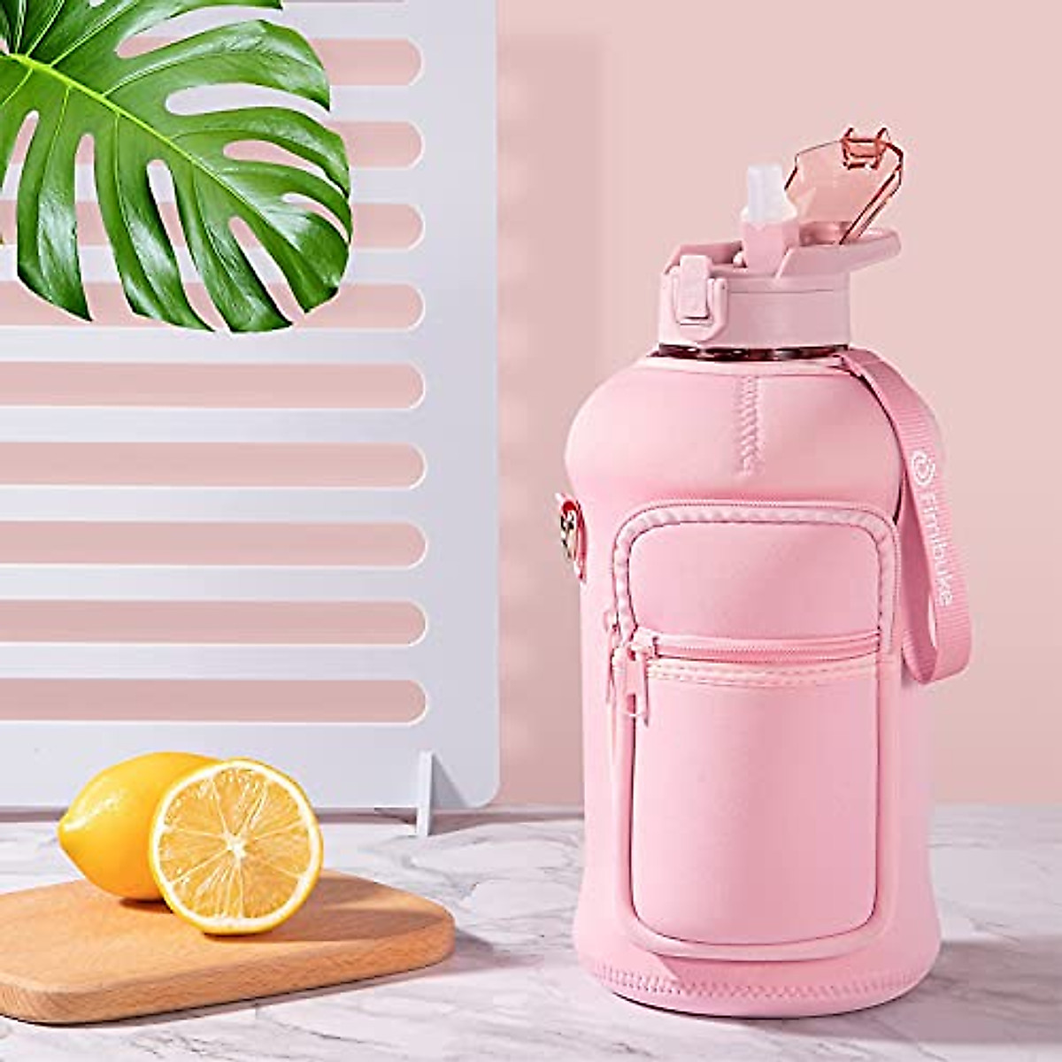 Fimibuke Half Gallon Water Bottle with Sleeve 64 OZ Water Bottle with Handle & Straw Leakproof Motivational Sports Gym Water Bottle with Time Marker BPA Free Water Jug with Neoprene Holder - Rose Pink